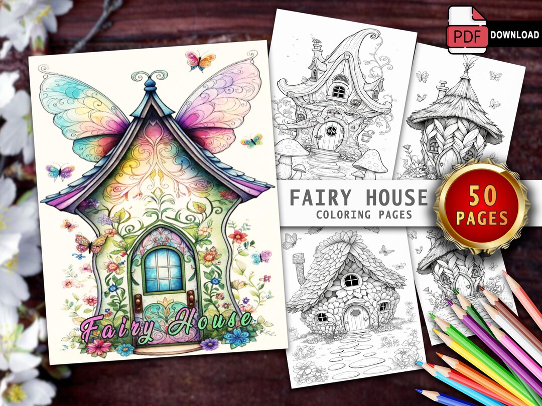 50 Blooming Fairy Cottages Coloring Book | Grayscale Printable PDF ...