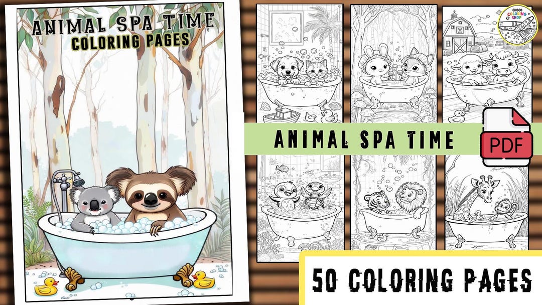 50 Animal Spa Time Coloring Pages - Instant Digital PDF Download, Cute ...