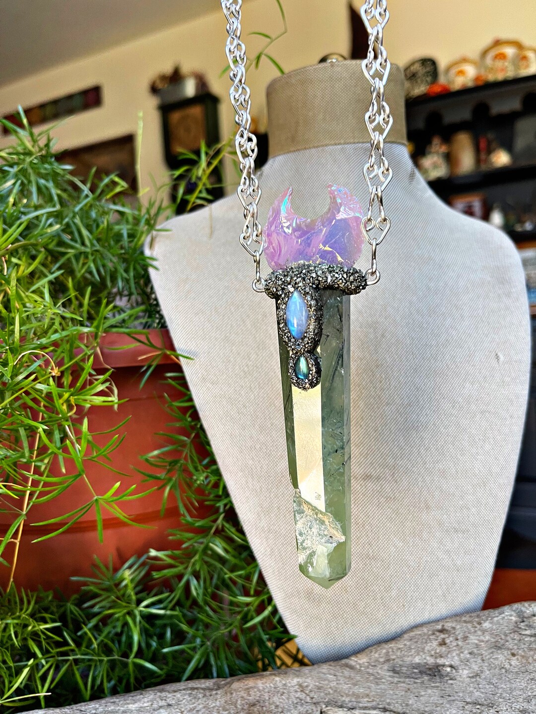 Angel Aura Moon Necklace W/ Prehnite, Moonstone, Labradorite & Handmade ...