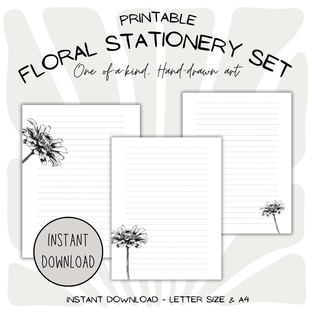 Printable Floral Stationery, Hand-drawn Flower Art, Lined and Unlined ...