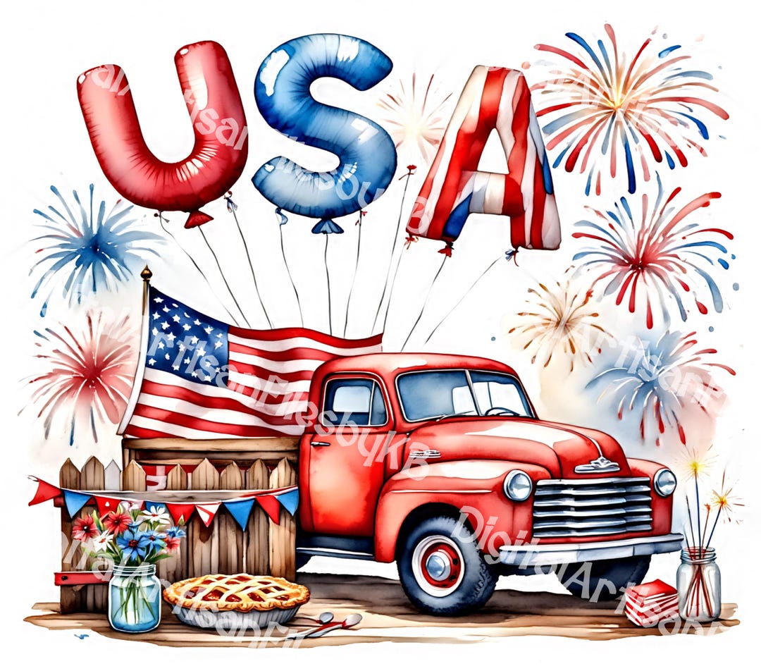 4th of July Patriotic PNG – Red Truck With Flag, Fireworks – Digital ...