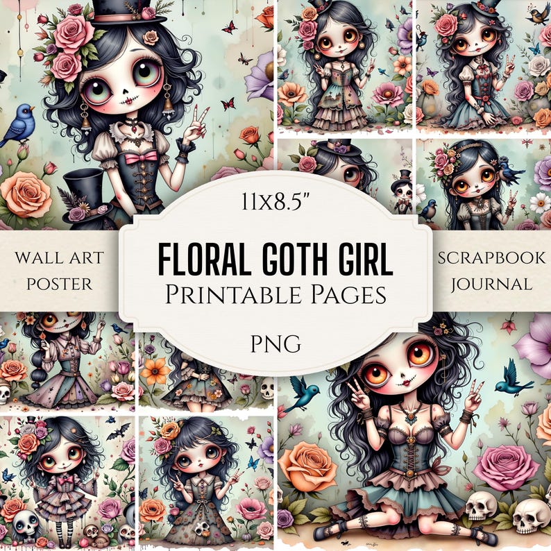 Floral Goth Girl PNG Art: Printable Junk Journal, Scrapbook (digital ...