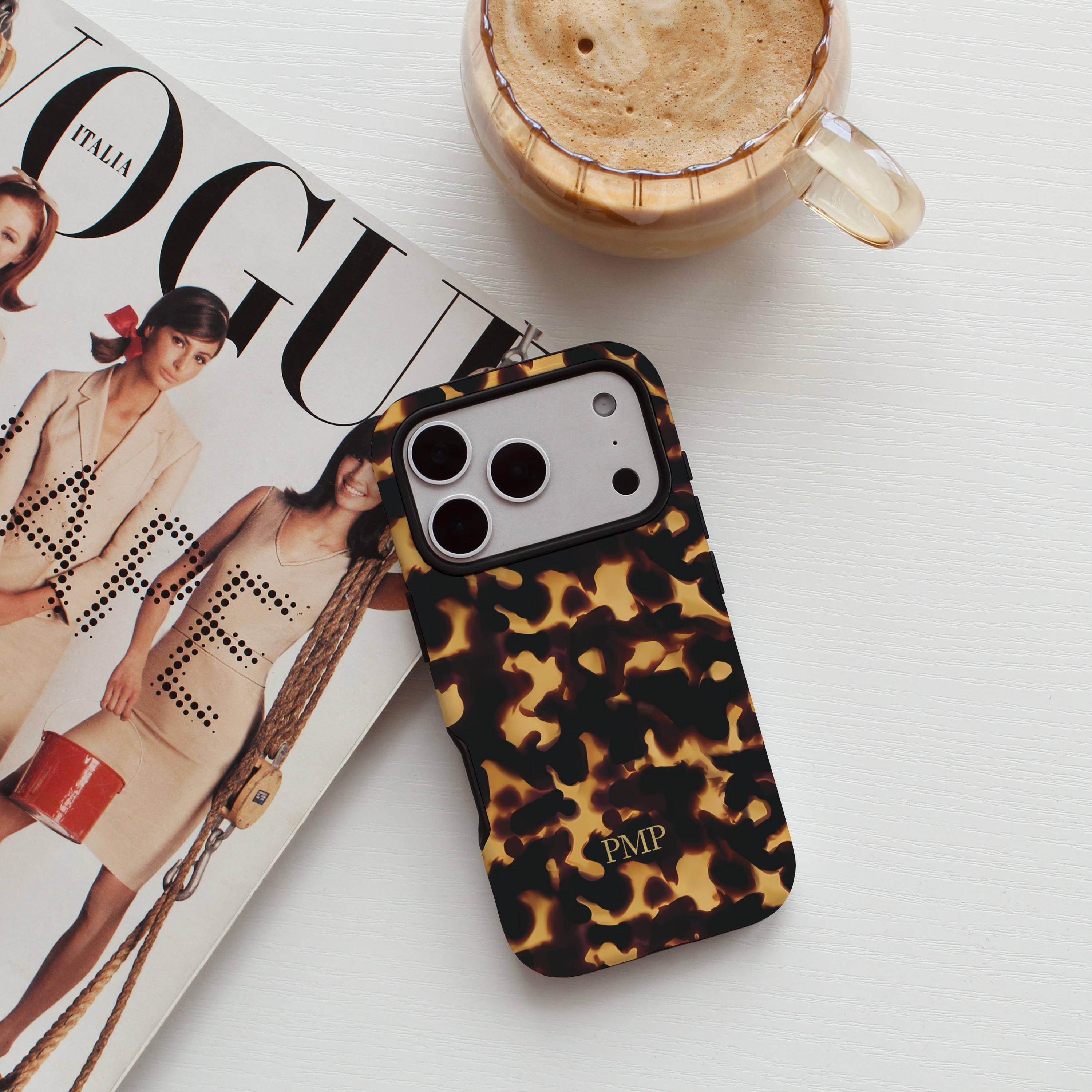 Personalized Tortoise Shell Phone Case Gold Initials, iPhone 17 16 15 ...