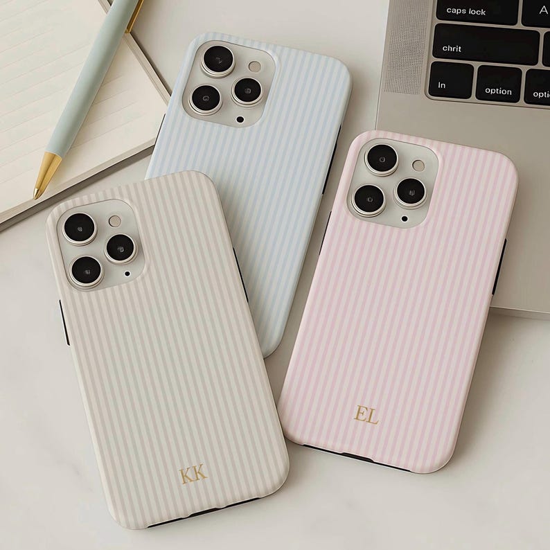 Personalized Stripe Phone Case Soft Gold Custom Initials, iPhone 17 16 ...