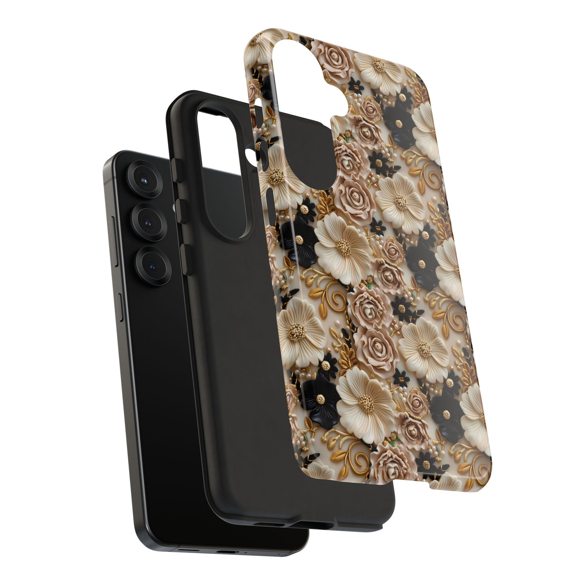 Elegant 3D Floral Black and Gold Phone Case, Galaxy S26 S25 S24 S23 S22 ...
