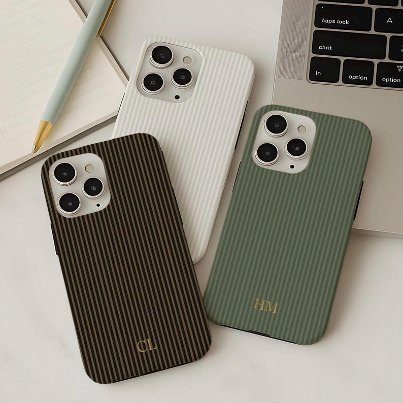Personalized Stripe Phone Case Soft Gold Custom Initials, iPhone 17 16 ...
