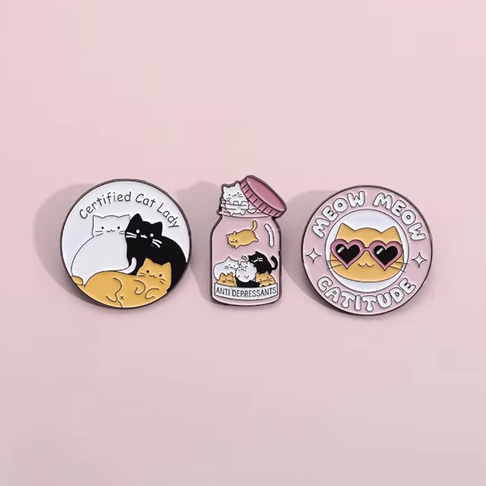 Set of 3 Positive Cat Enamel Pins - Anti-depressants Jar, Meow Catitude ...