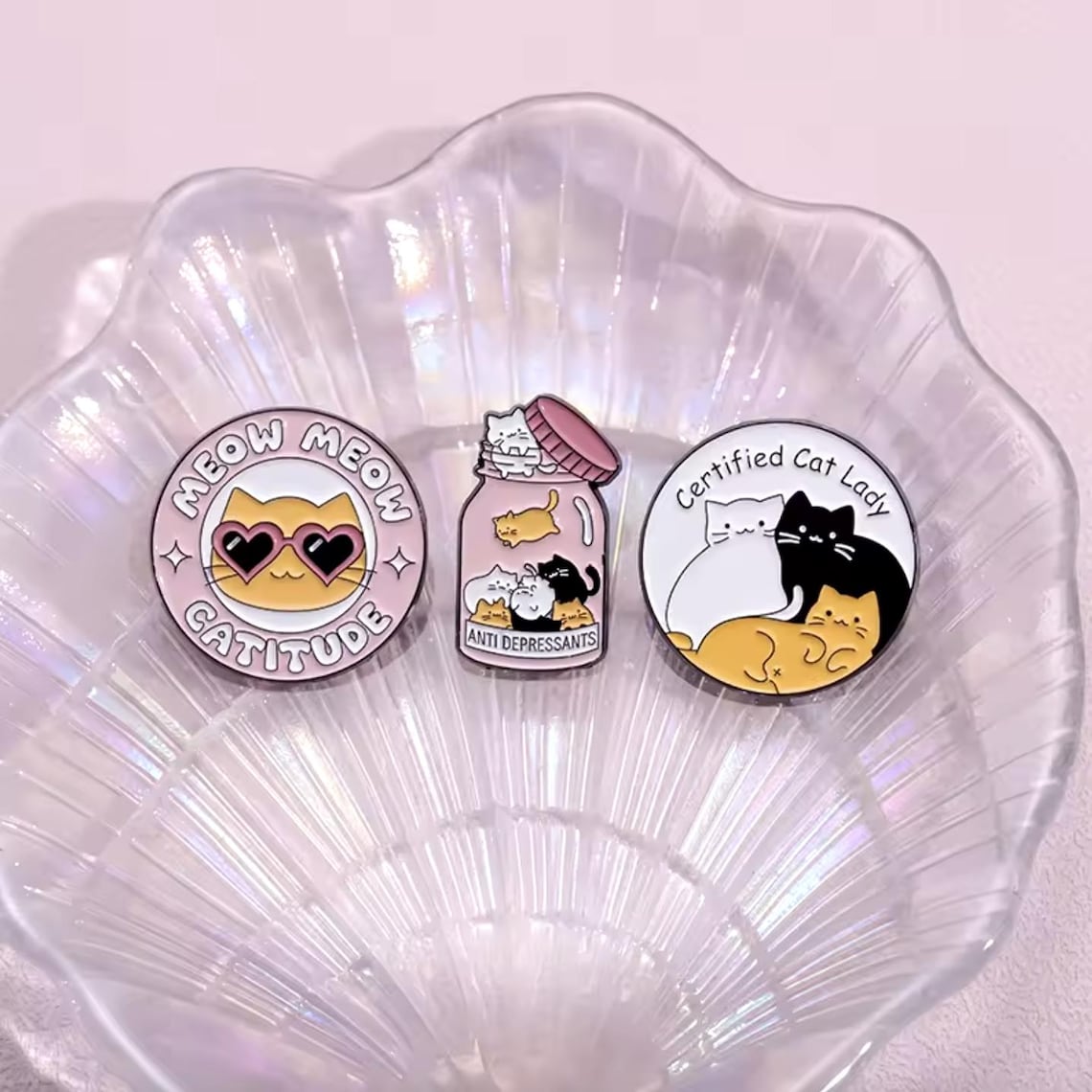 Set of 3 Positive Cat Enamel Pins - Anti-depressants Jar, Meow Catitude ...