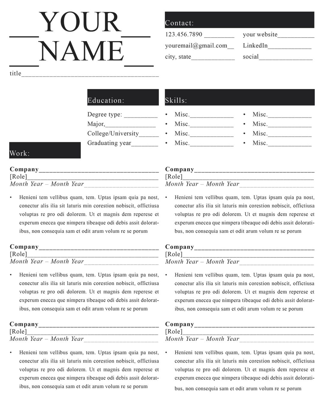 Resume Template: Grid System W/ Serif Font - Etsy