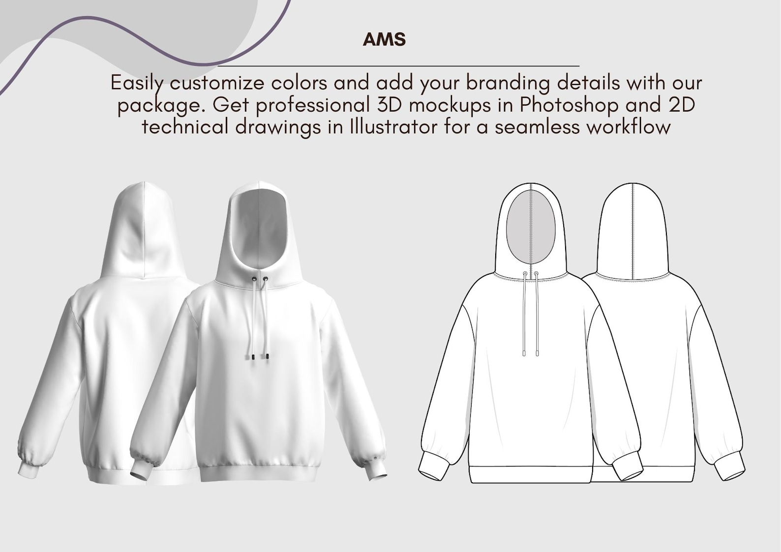 Editable 2D and 3D Hoodie Mockup, Hoodie Technical Drawing 3D Hoodie ...