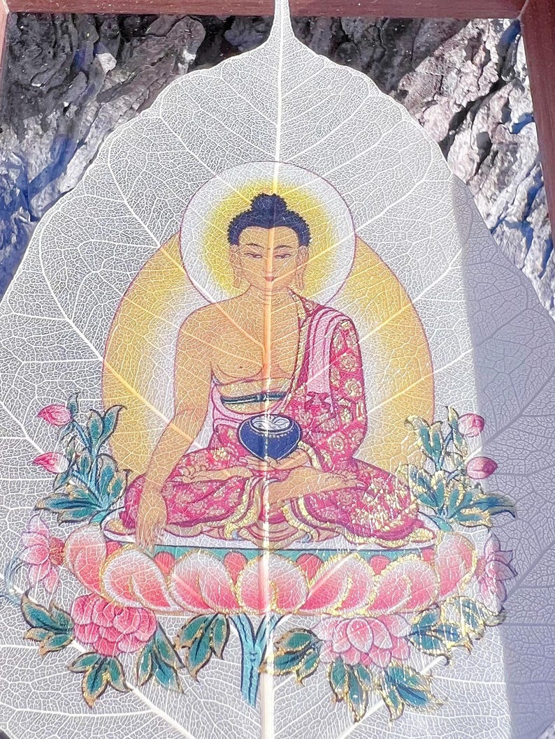 Vajrayana Buddhism, Thangka on Bodhi Leaf in Wooden Frame, Fortune ...