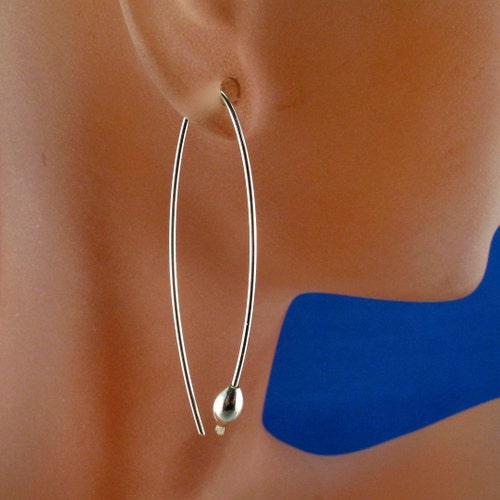 Long SILVER EARRINGS . Sterling Silver Beaded Hoop. Loop. - Etsy