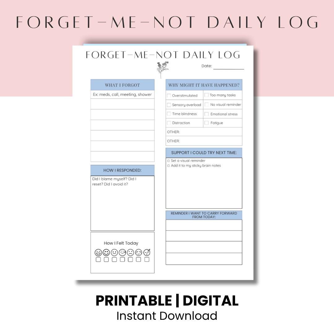 Forget-me-not Daily Log | ADHD Printable Planner for Forgetfulness ...