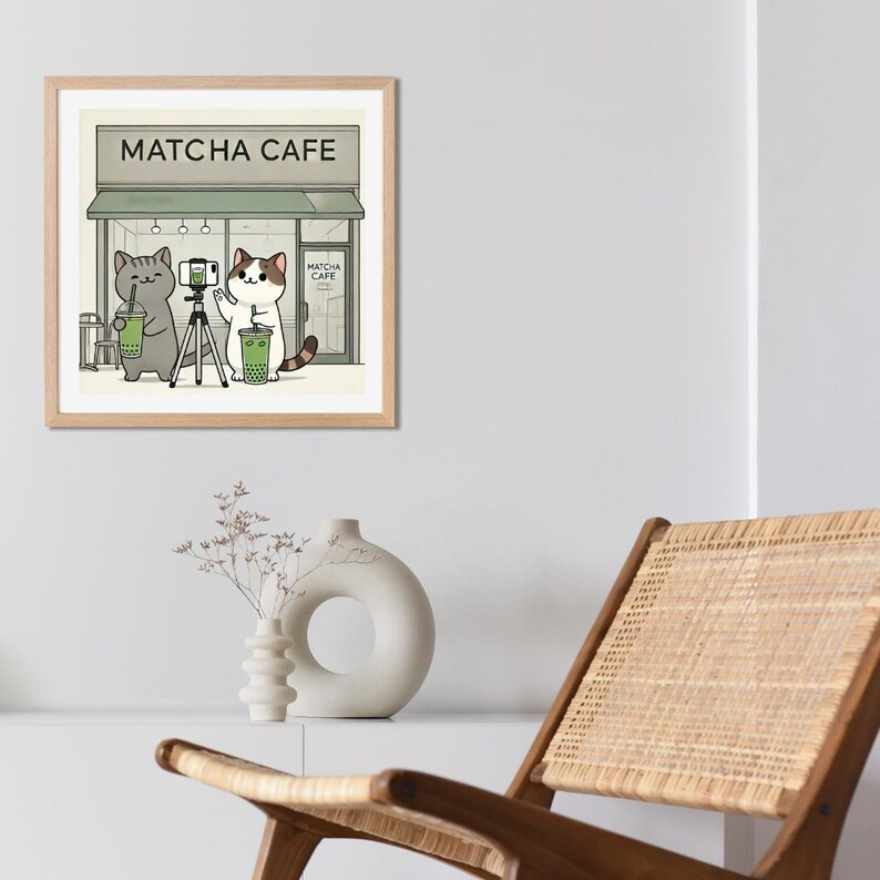 Matcha Cafe Cat Digital Print- Cute Minimalist Illustration - Etsy