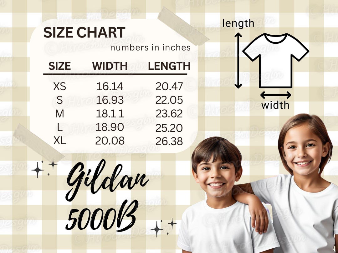 Gildan 5000B Size Chart Mockup, Gildan Kids Cotton Tshirt Size Guide ...