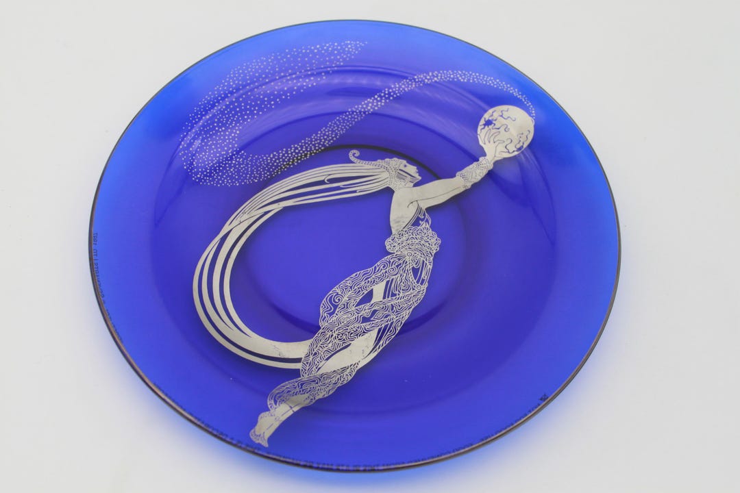 Vintage Sevenarts Cobalt Blue Glass Collector Decorative Plate Erte ...