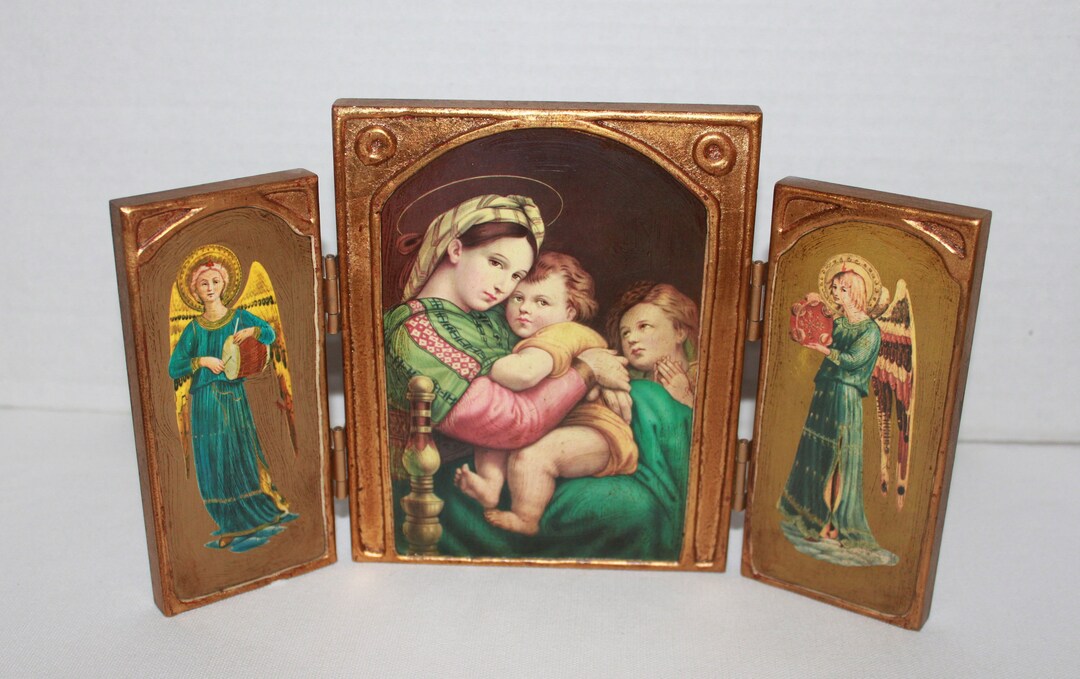 Vintage Gold Gilt Wood Triptych Trifold Religious Icon Madonna and Child Angels Hinged Doors ...