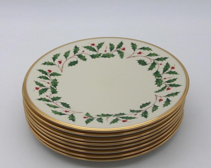 Set of 8 Lenox Holiday Dimension 8 1/8" Salad Plates Holly Berries ...