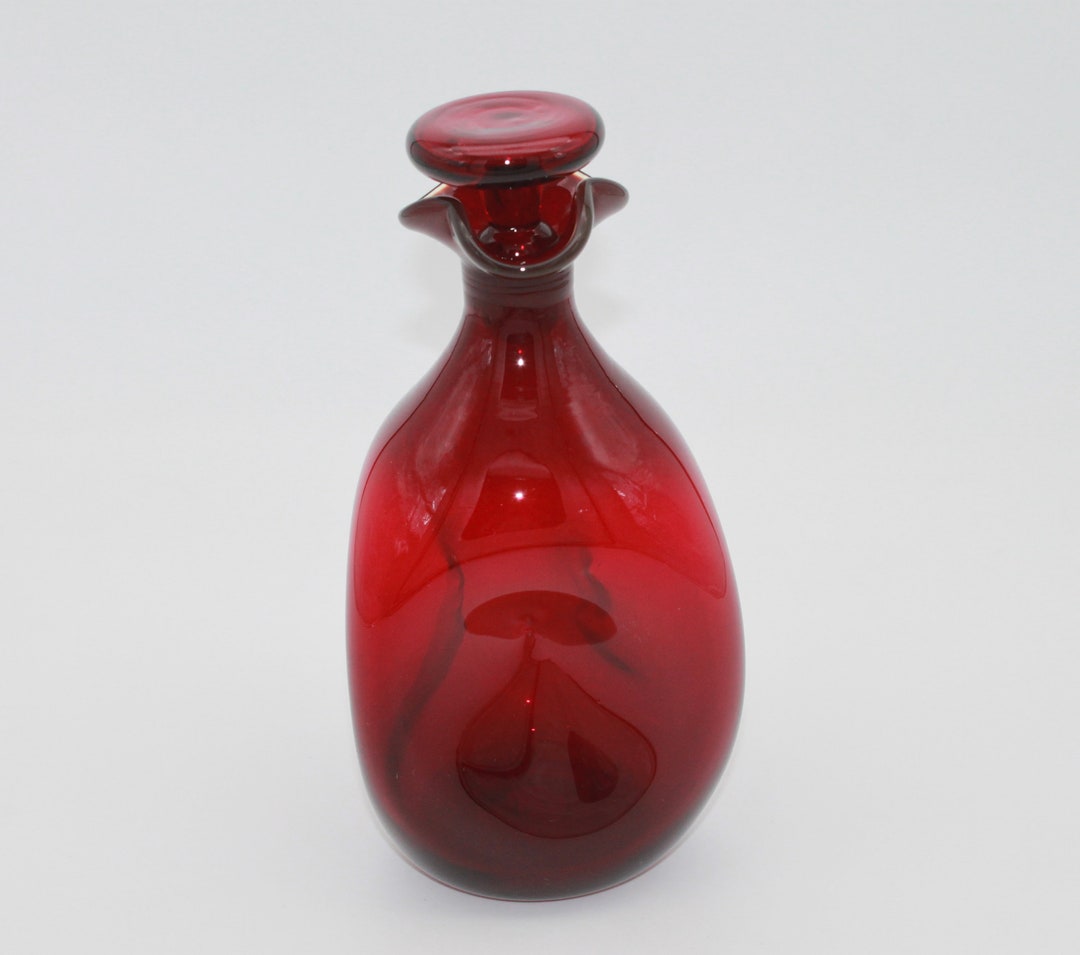 Vintage Blenko Art Glass Ruby Red Decanter Jar Bottle Pinched Winslow ...