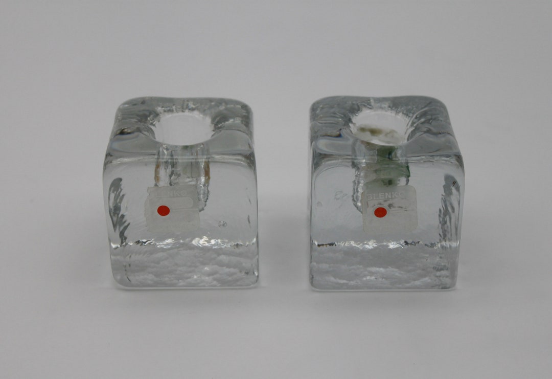 Pair of Vintage Blenko Art Glass Handmade Ice Cube Candlestick Holders ...