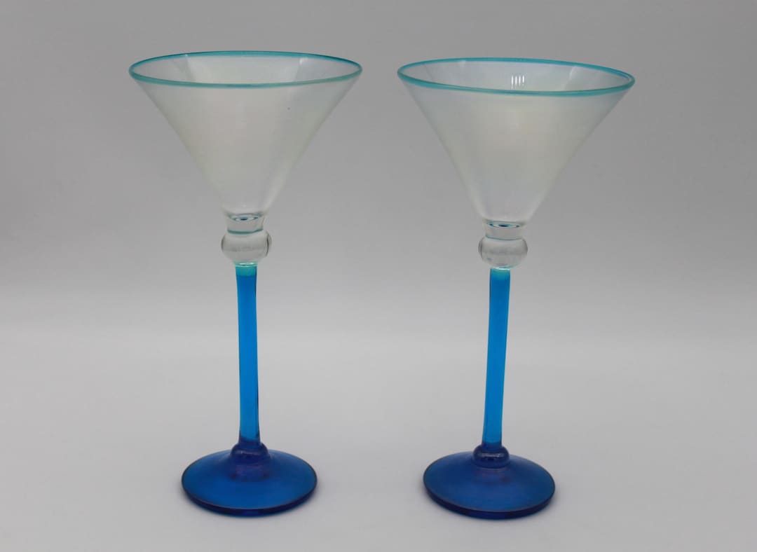Rick Strini Handblown Glass Iridescent Blue Tall Martini Glasses Pair ...