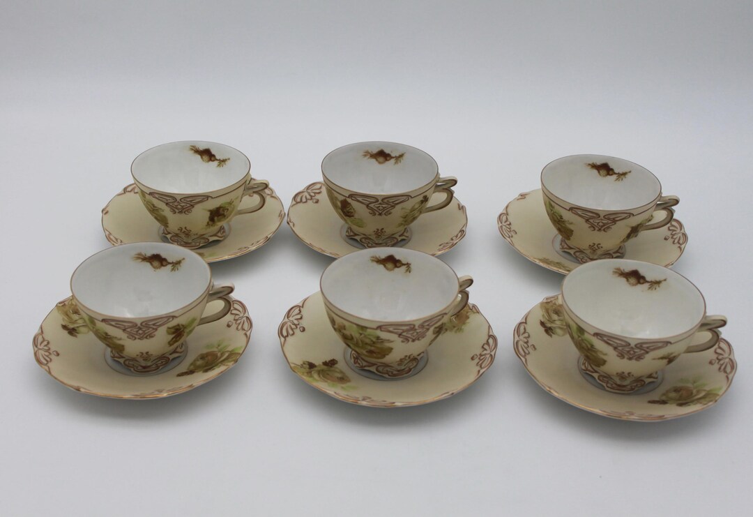 6 OHME Old Ivory Silesia Tea Cups and Saucers Green Roses #16 - Etsy