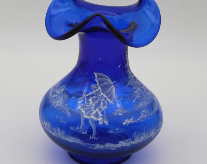 Vintage Fenton Tall Landmark Collection Glass Vase Hand Painted Cobalt ...