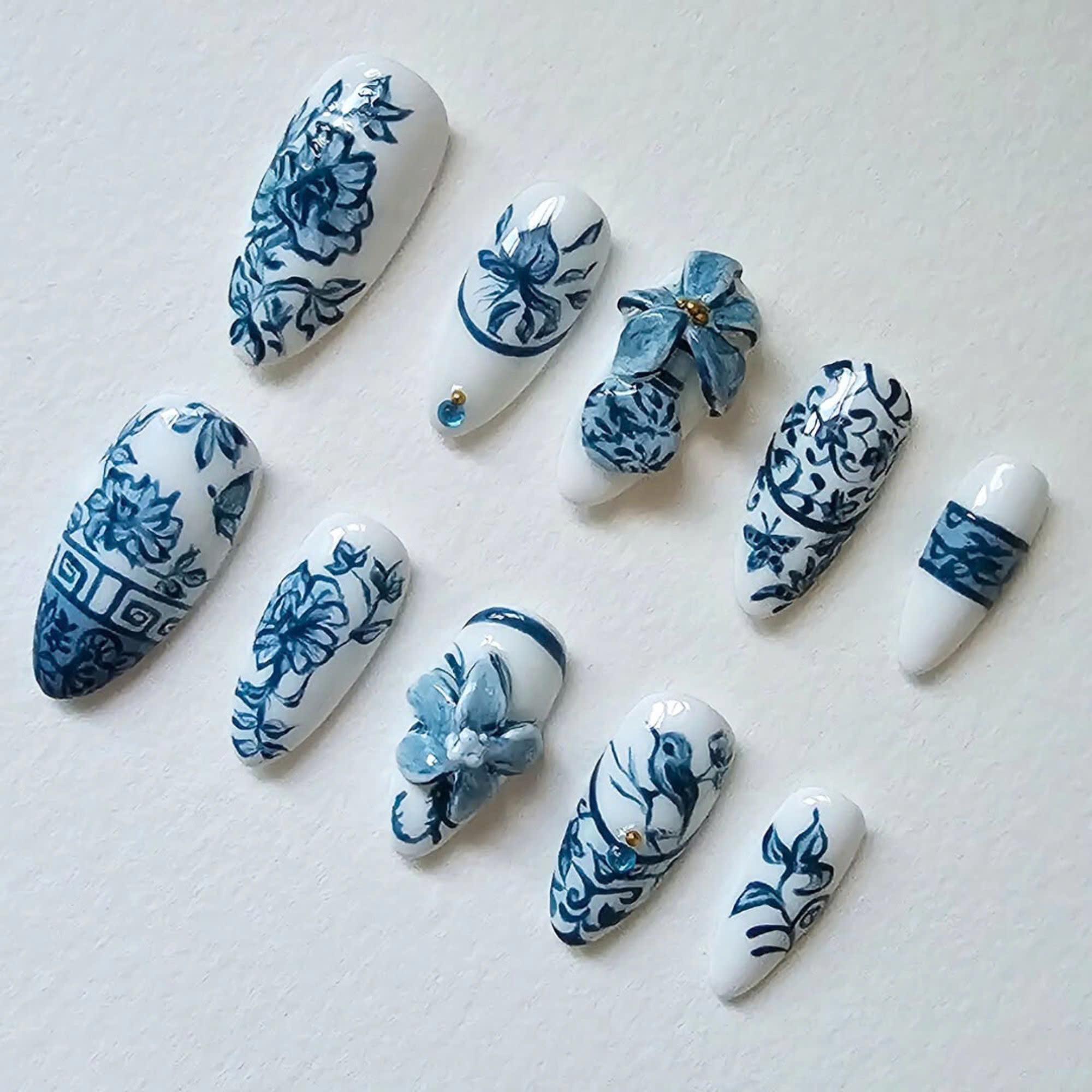 Celadon Porcelain Press on Nails With Flowersm, Handmade Chinese Nail ...