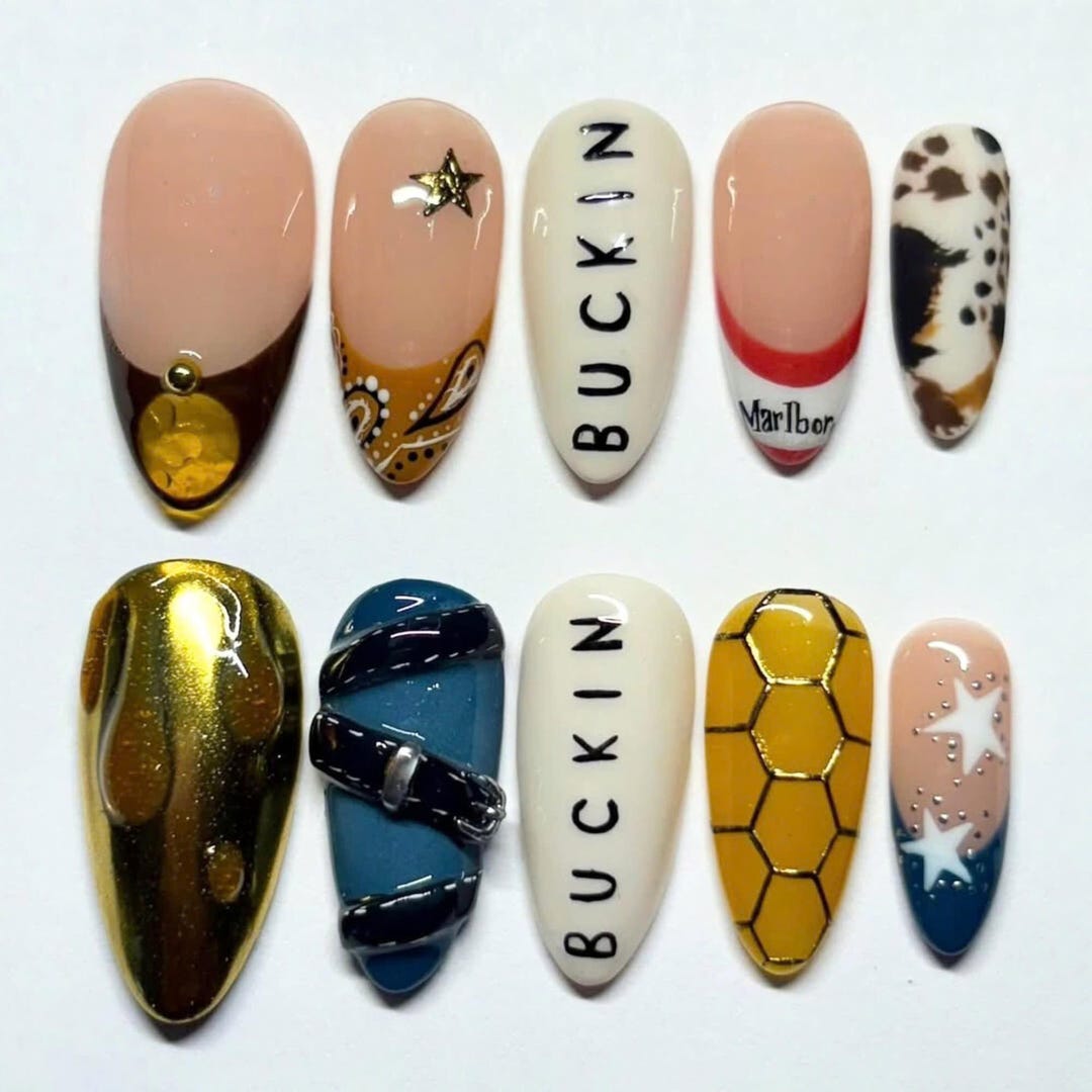 Western Cowboy Press on Nails, Almond Nail Set With Star, Belt, Buckin ...