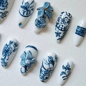 Celadon Porcelain Press on Nails With Flowersm, Handmade Chinese Nail ...