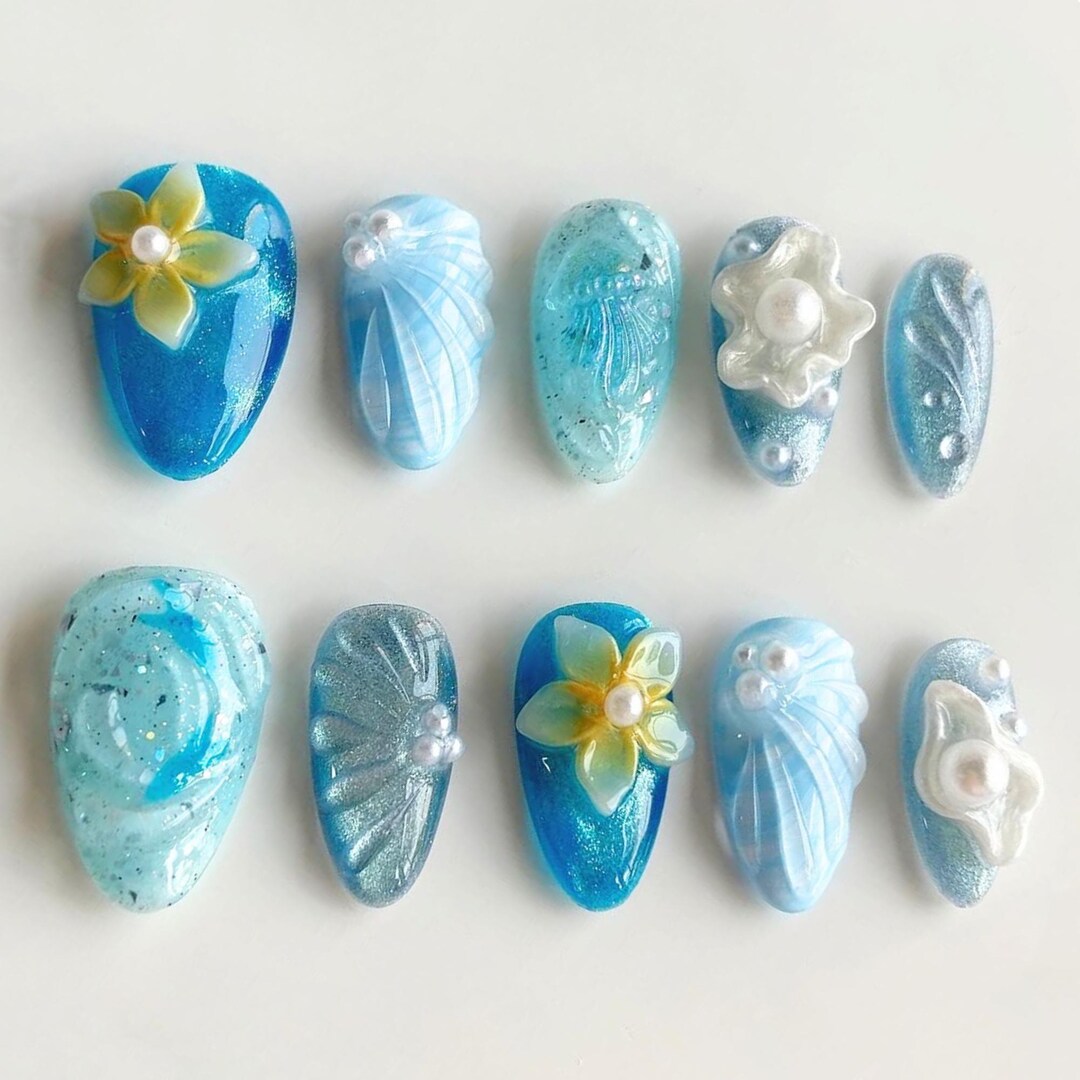 Ocean Blue Press on Nails, 3D Flower, Shell & Pearl Design, Mermaid ...