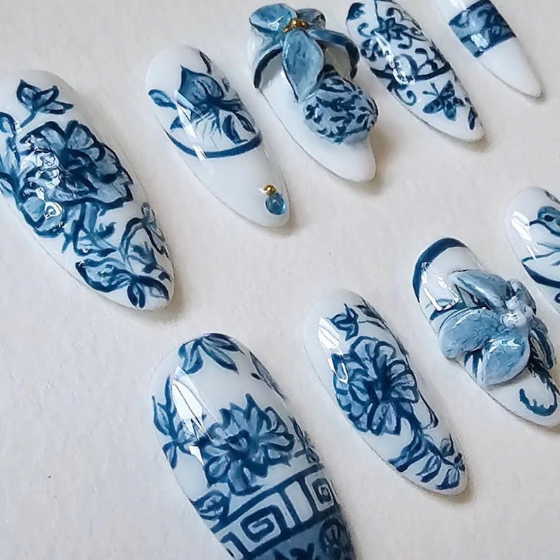 Celadon Porcelain Press on Nails With Flowersm, Handmade Chinese Nail ...