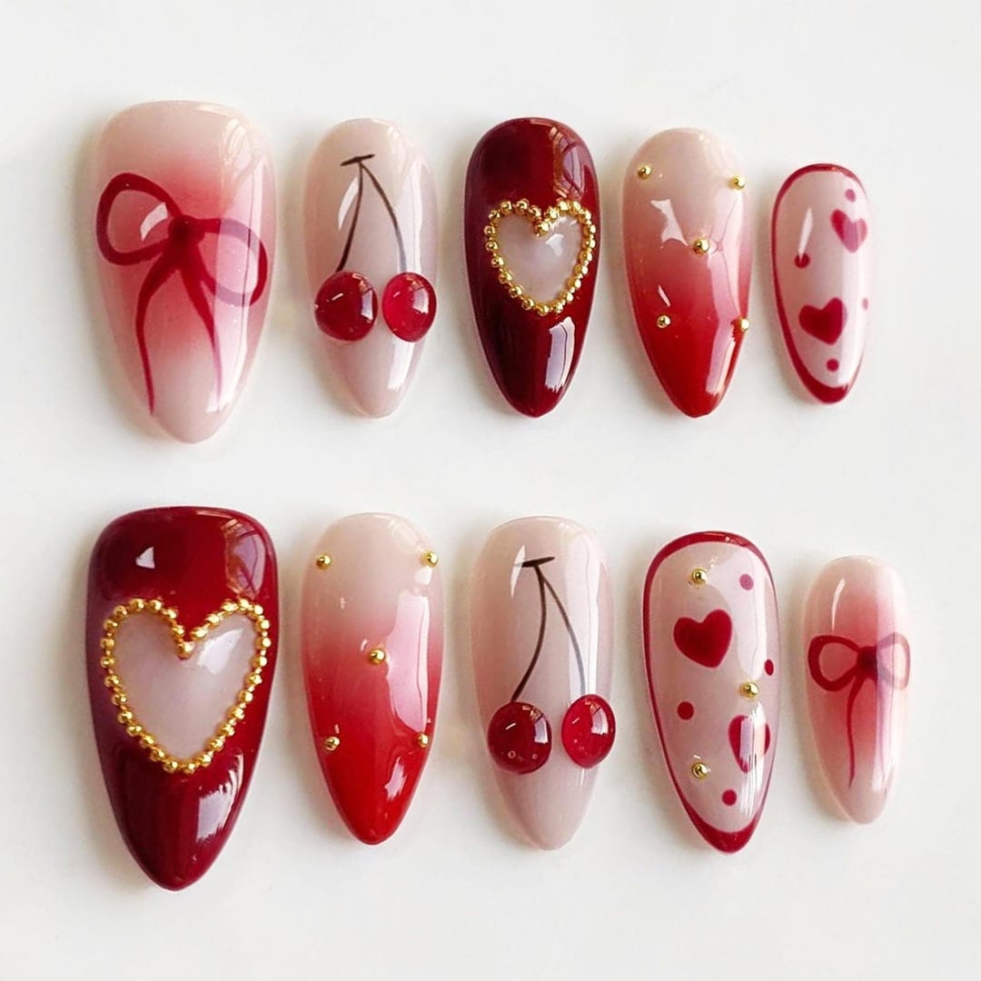 Valentine Almond Nail Set With Cherry, Heart, Gems, Romantic Nails ...