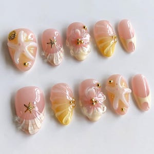 Beach Press on Nails, 3D Starfish & Shell Design, Handmade Summer Ocean Nail Art, Pastel Pink ...