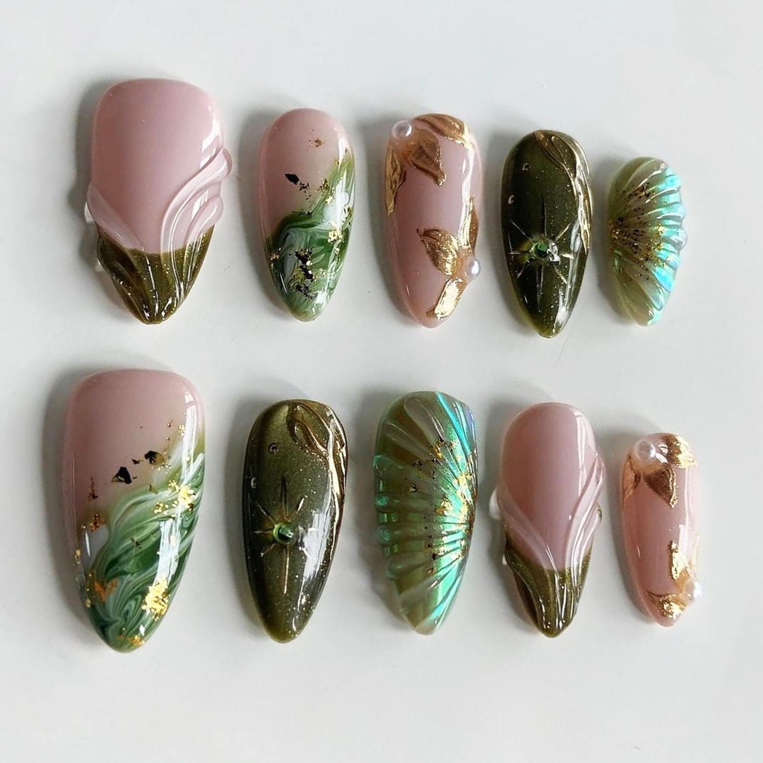 Moss Green Press on Nails, French Tips Nails, Freestyle Nails, Summer ...