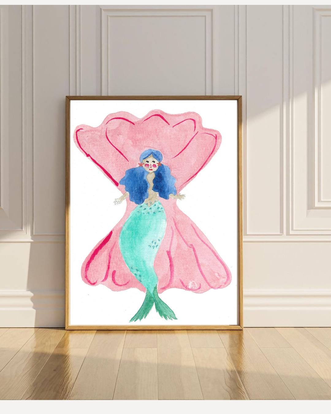 Mermaid in a Clam Shell Adorable Nautical 5x7 Watercolor Print Nursery ...