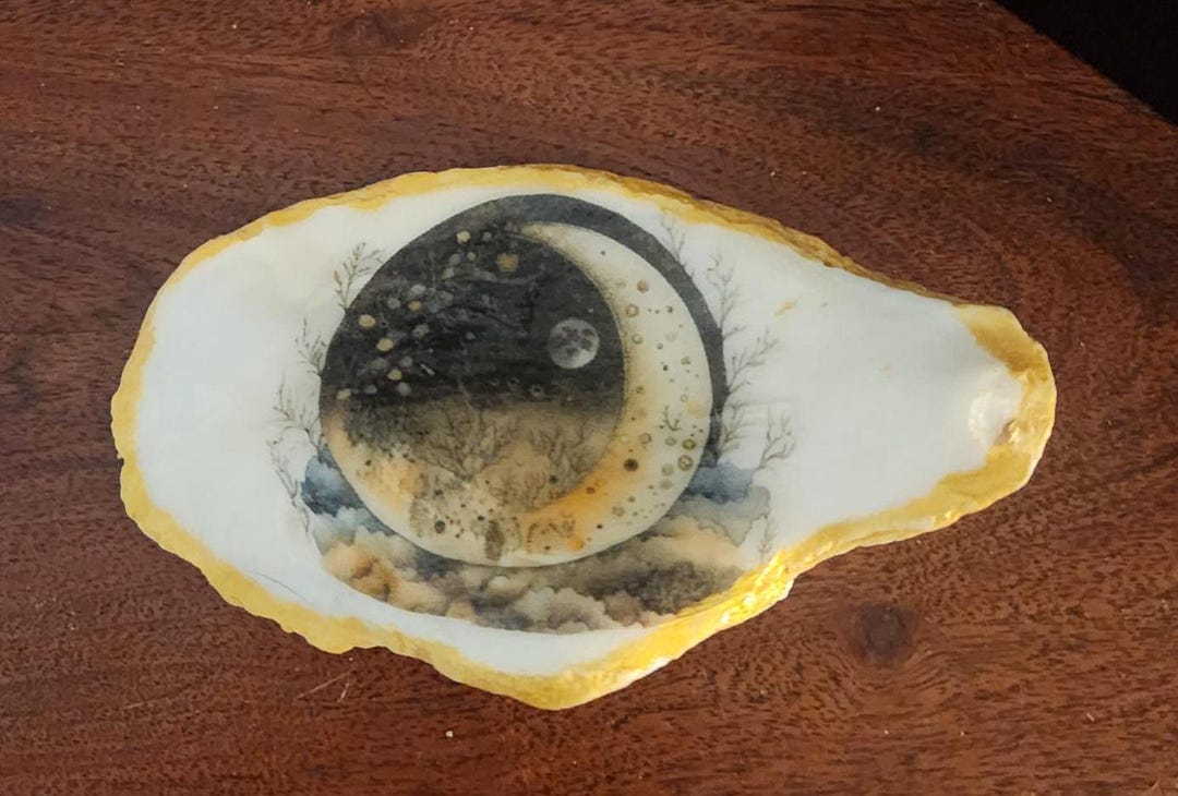 Crescent Moon Oyster Dish – Handmade Smudge Bowl, Lunar Jewelry Holder ...