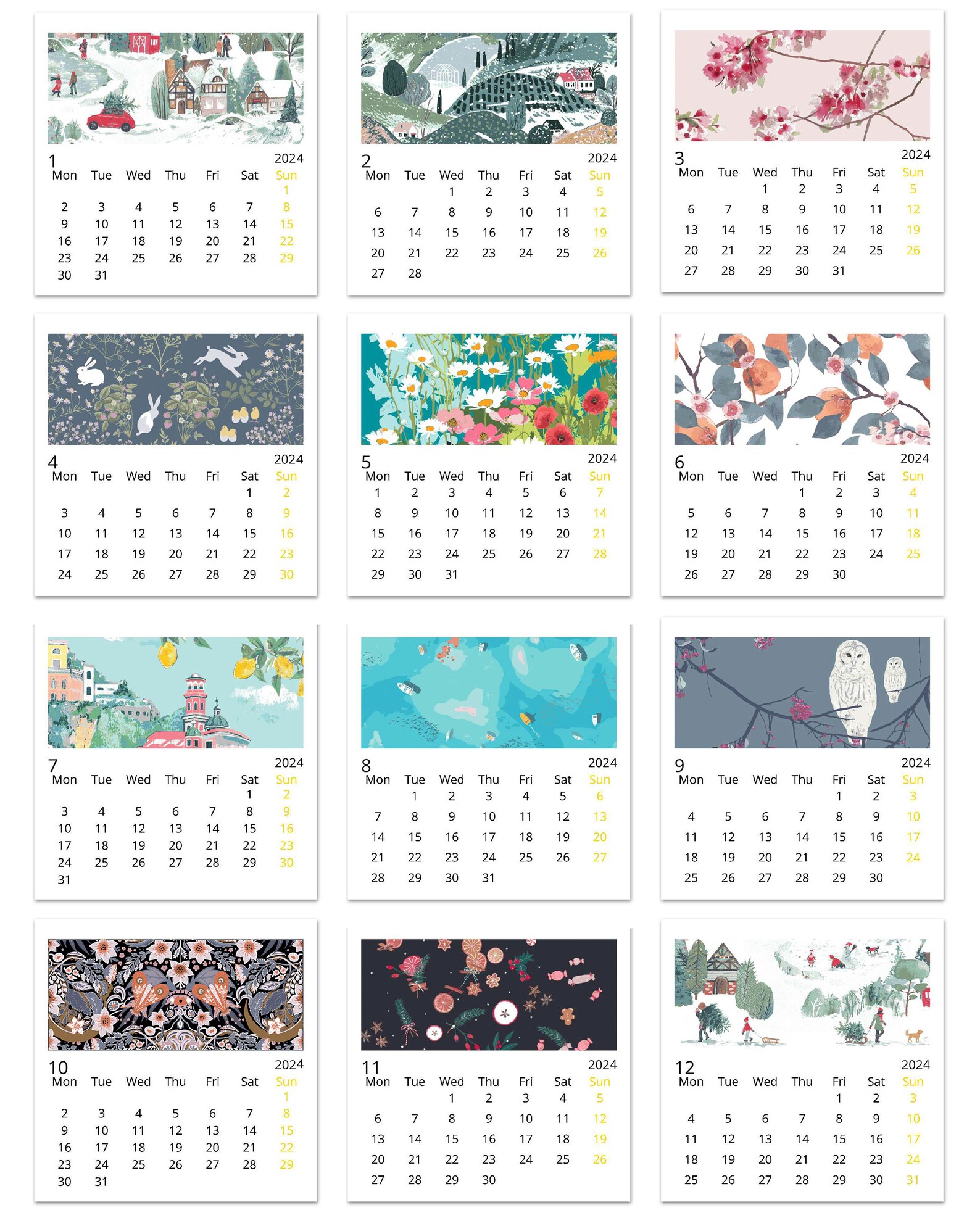 2024 CALENDAR, 12 Months - Monthly Calendar Illustrated by Katarina ...