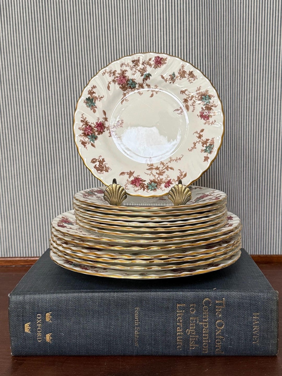 Minton Ancestral English China Plates – Gold Rim, Pink & Blue Blossoms ...