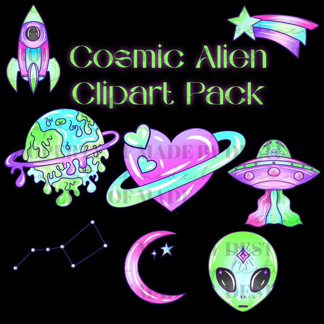 Cosmic Alien Clipart Pack | Neon Space Pngs | UFO, Planets, Rocket ...