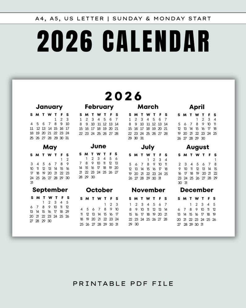2026 Calendar Printable- Single Page, Full Year Calendar, Year at a ...
