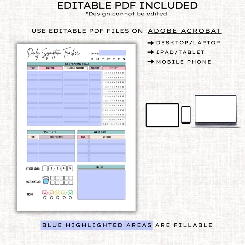 Symptom Tracker Printable, Monthly Symptom Template, Daily Symptom ...