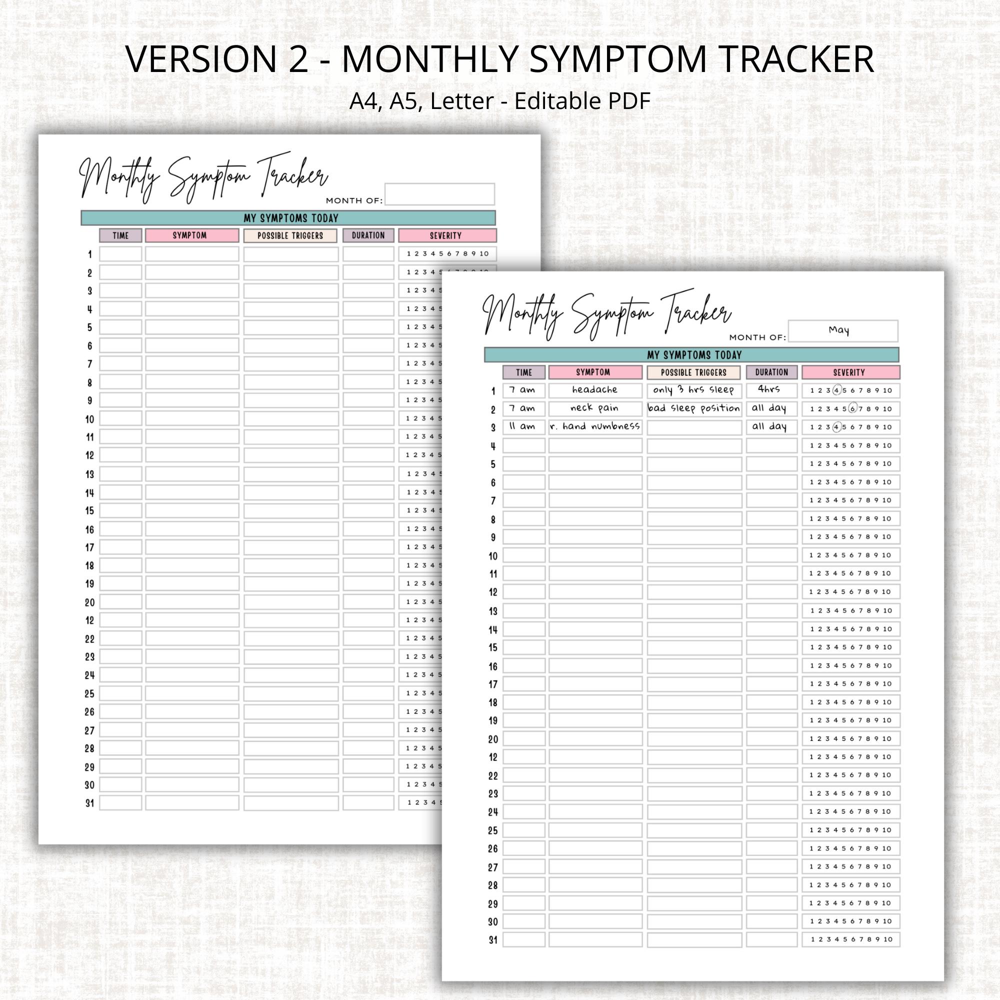 Symptom Tracker Printable, Monthly Symptom Template, Daily Symptom ...