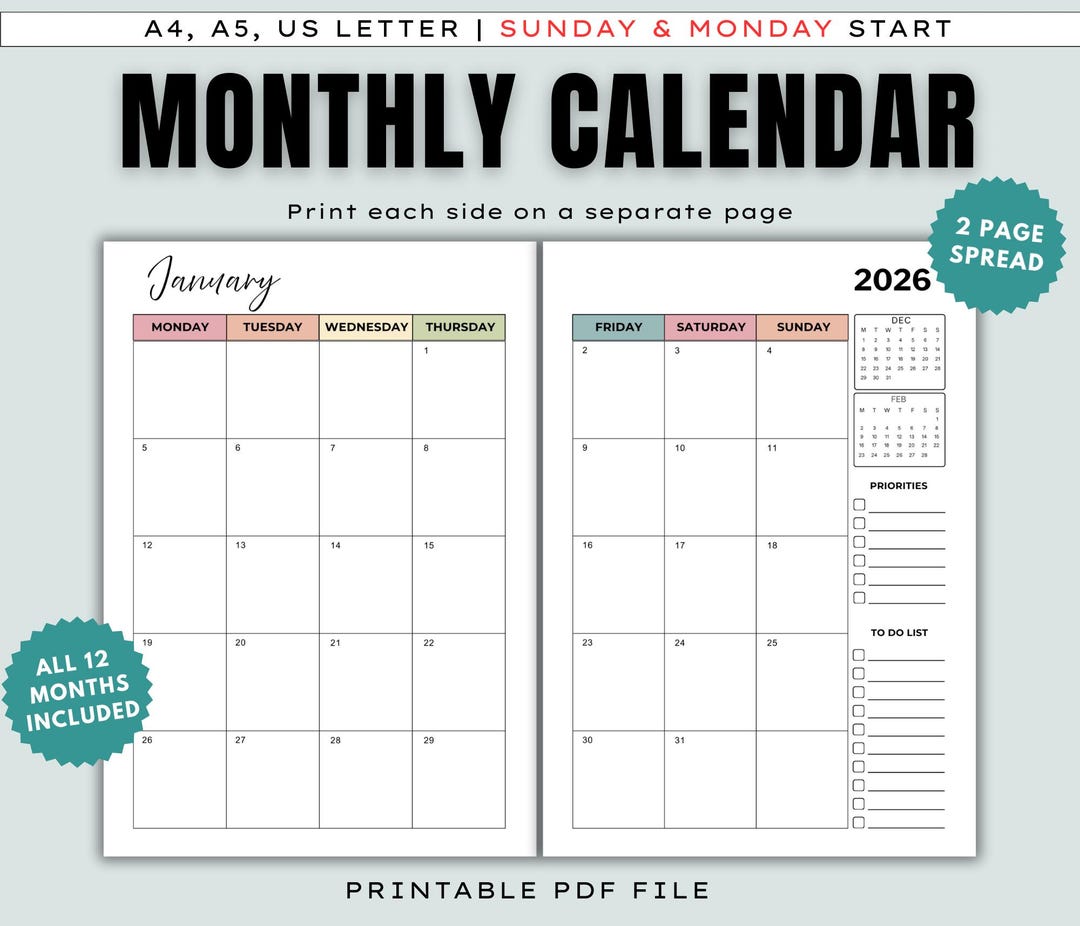 2026 Monthly Calendar Printable, Dated Month on 2 Pages, Month at a ...