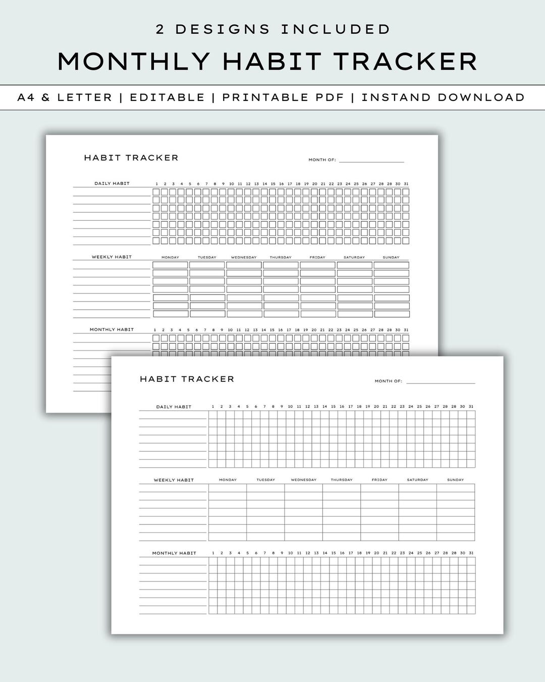Habit Tracker Printable, Monthly Weekly Daily Habit Tracker, Goal Tracker Landscape, Routine ...