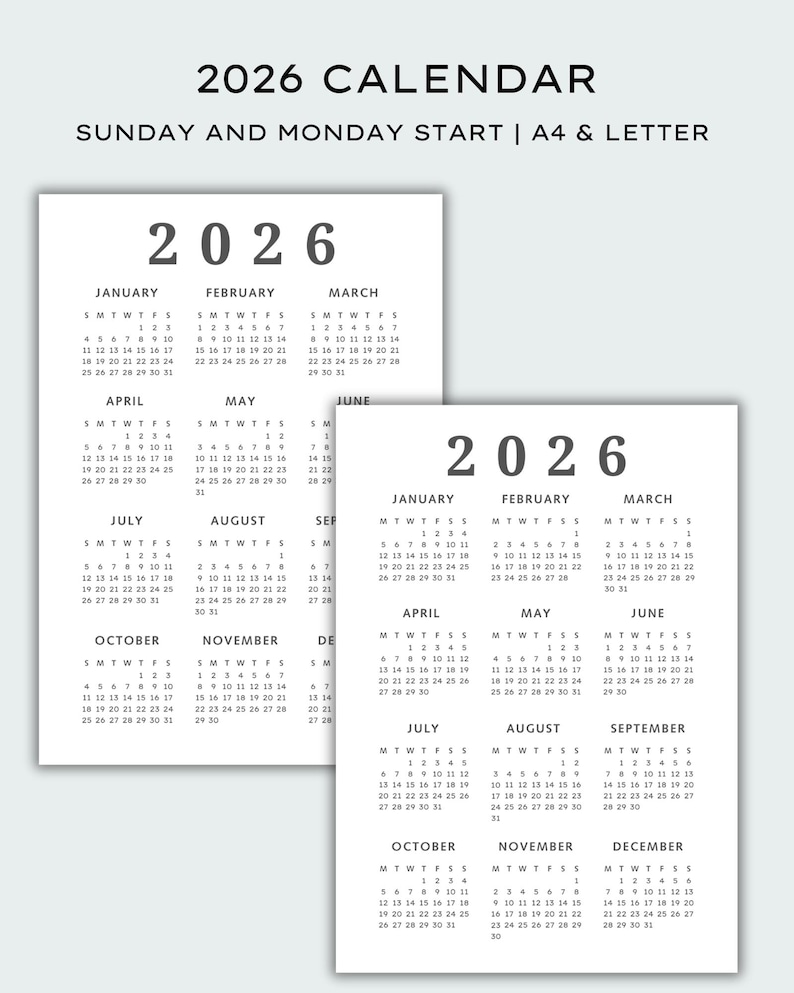2025-2026 Year Calendars Printable, Yearly Wall Calendar, Desk Calendar ...