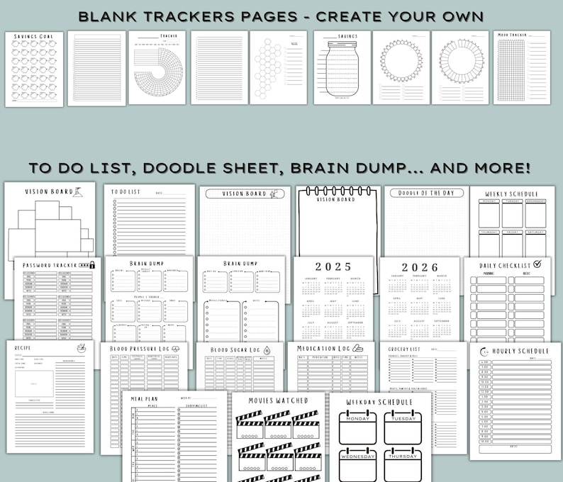 Bullet Journal Bundle ( Bundle A), 2025-2026 Monthly & Yearly Trackers ...