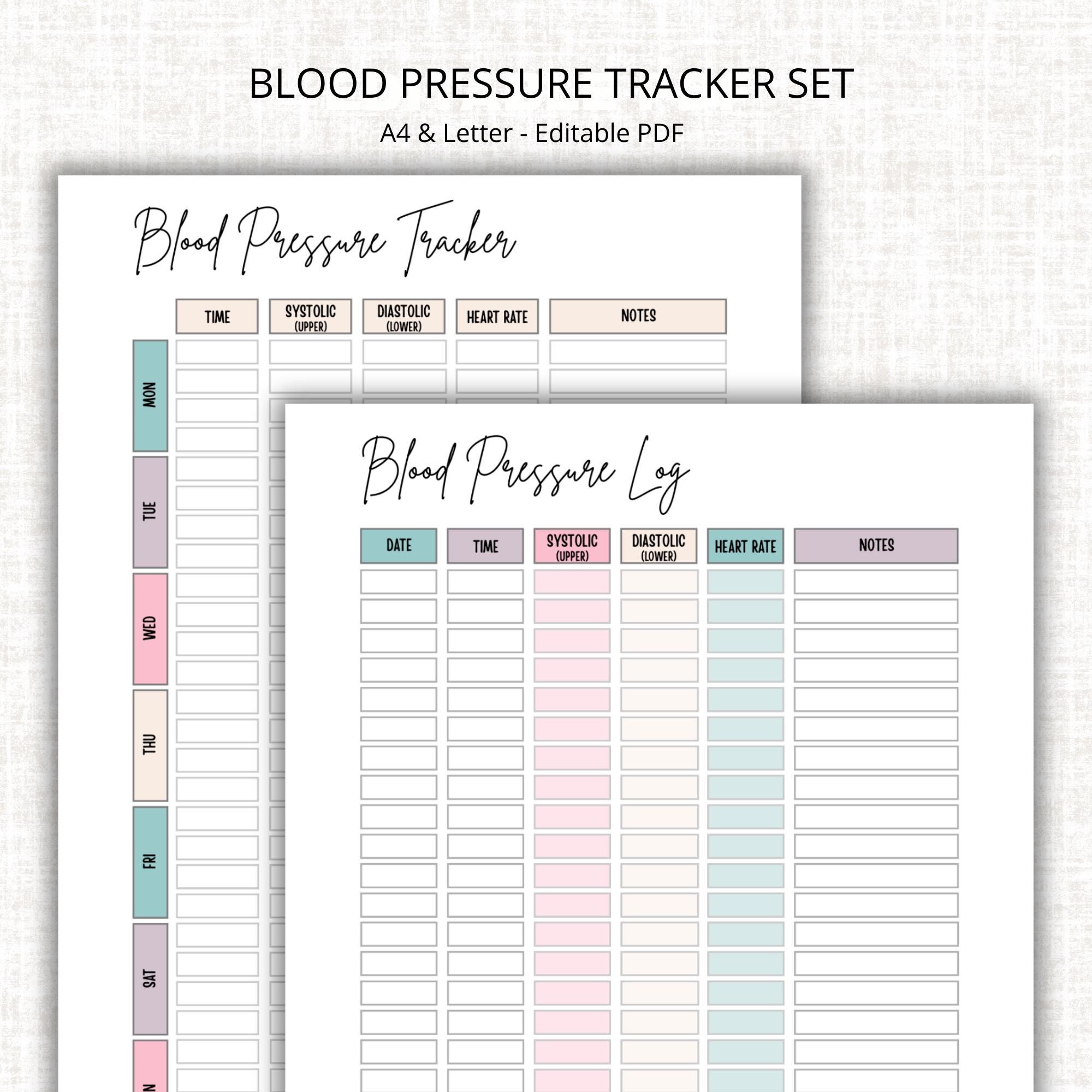 Editable Blood Pressure Blood Sugar Trackers, Blood Glucose Log, BP ...