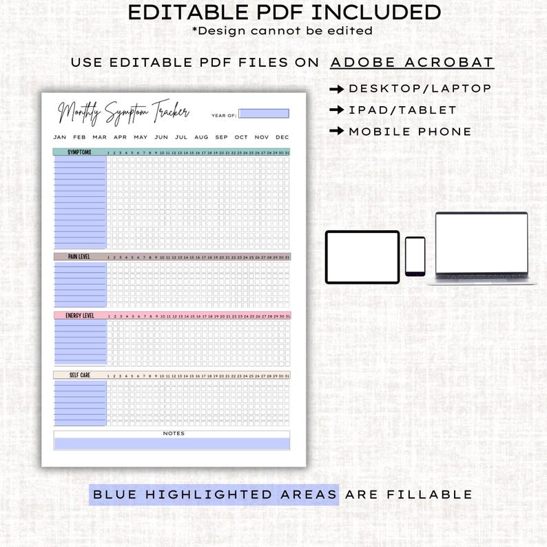 Editable Symptom Tracker, Monthly Symptom Template, Wellness Journal ...