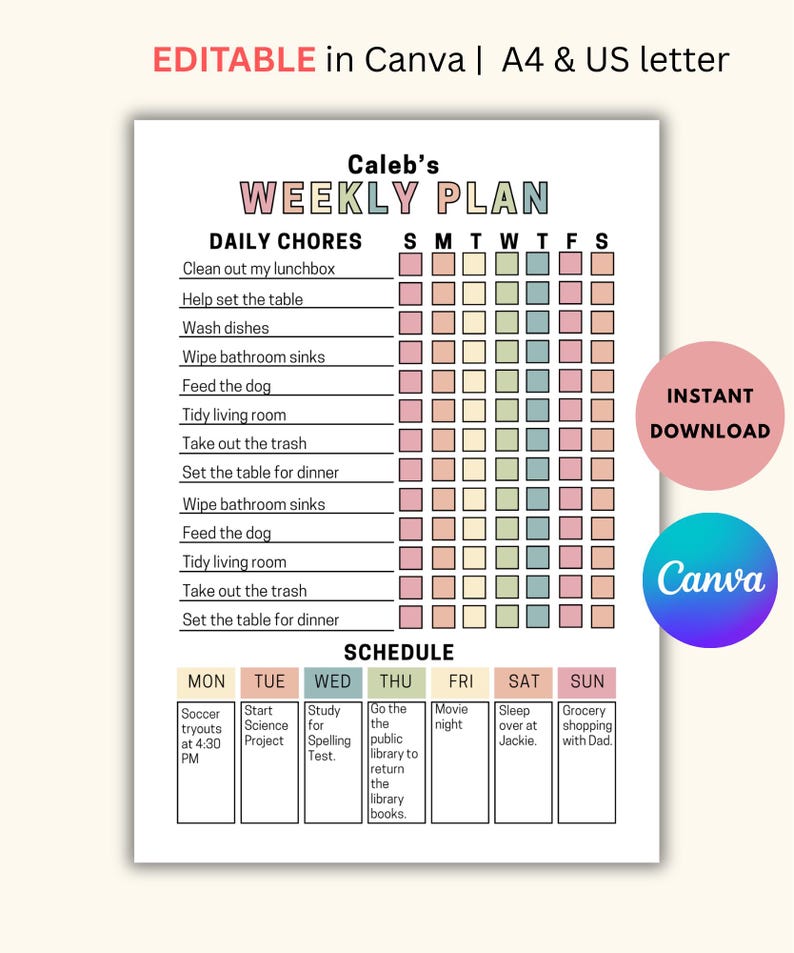 Chore Chart, Printable Editable Daily & Weekly Kids Chore ...